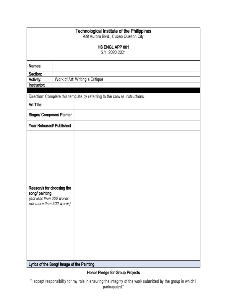 Critique Paper Template - Work of Art | PDF