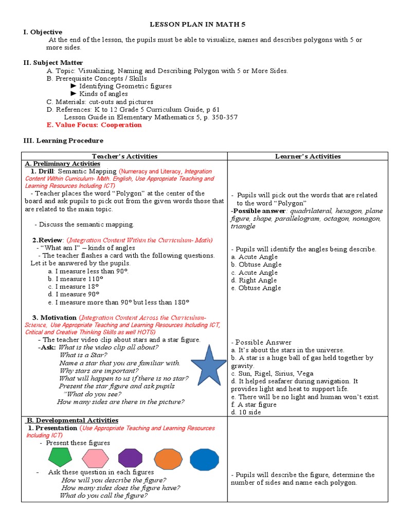 COT 3Q pOLYGON LESSON PLAN IN MATH 5 | PDF | Curriculum | Educational ...