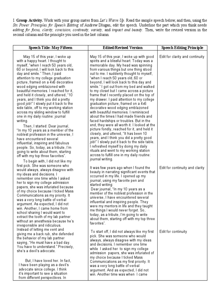 Speech Title: May Fifteen Edited/Revised Version Speech Editing ...