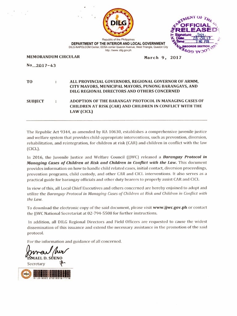 DILG MC201743 Adoption of The Barangay Protocol in Managing Cases of ...