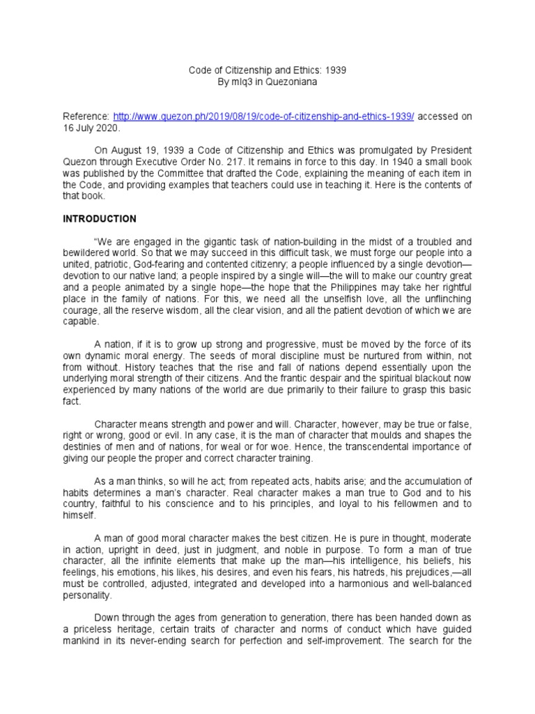 Code of Citizenship EO 217 Citizens Code Quezon | PDF | Taxes | Virtue