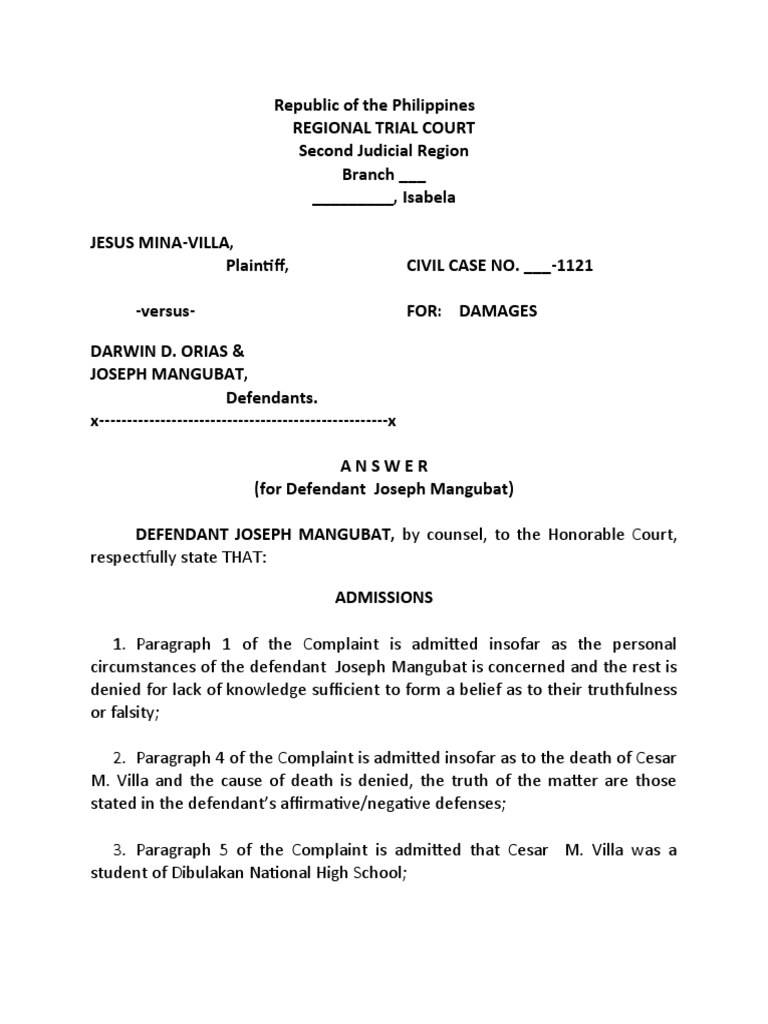 Answer Mangubat | PDF | Lawsuit | Complaint