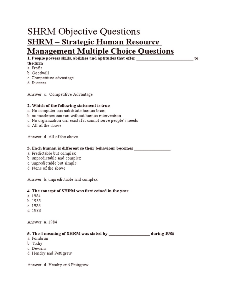 SHRM Objective Questions MCQ | PDF | Human Resource Management ...