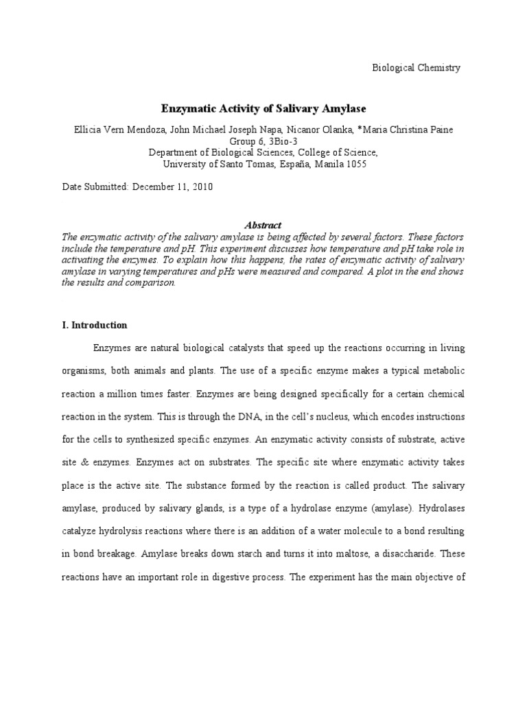 Salivary Amylase Enzyme Activity Study | PDF | Enzyme | Ph