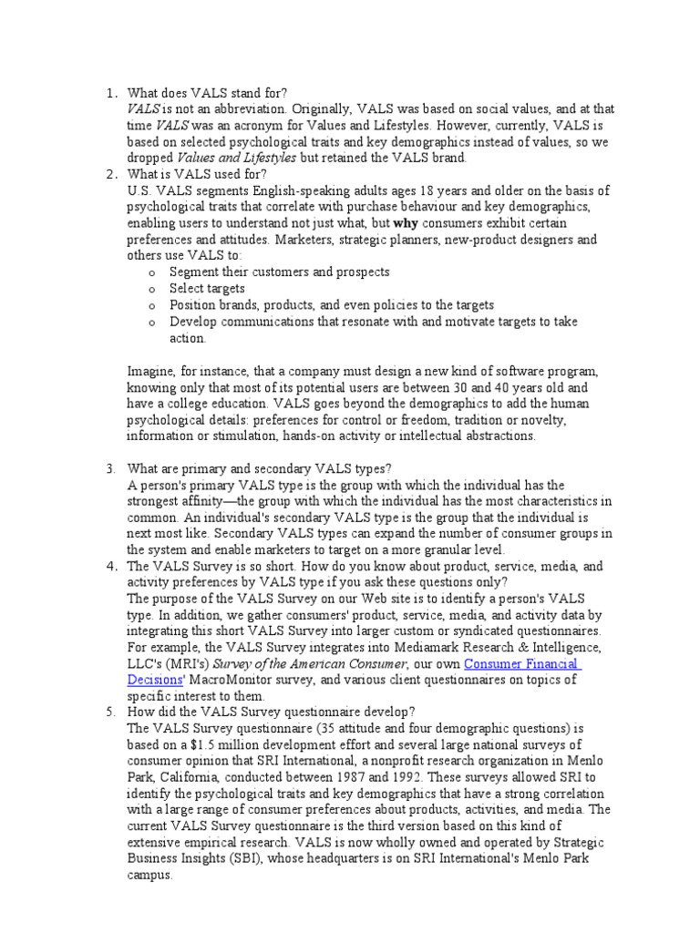 About VALS | PDF | Survey Methodology | Questionnaire