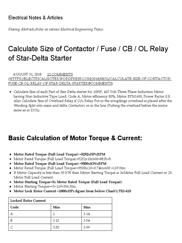 Calculate Size of Contactor - Fuse - CB - OL Relay of Star-Delta ...