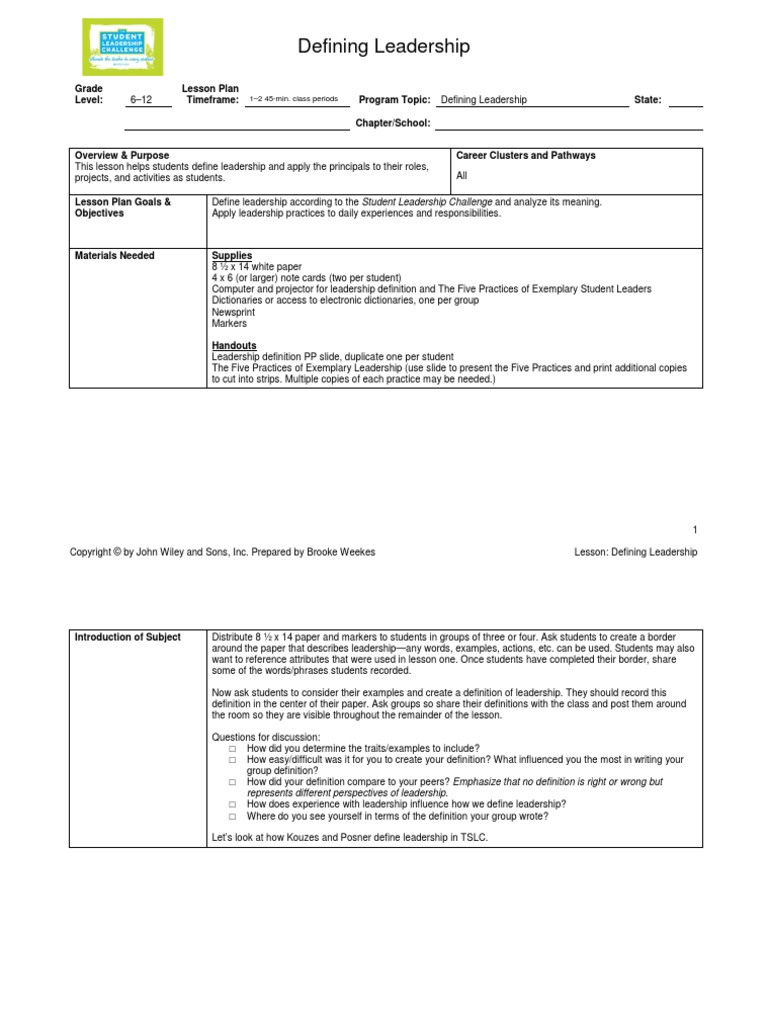Defining Leadership: Grade Level: Lesson Plan Timeframe: Program Topic ...