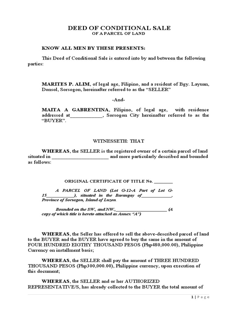 Deed of Conditional Sale Mam Gabz | PDF | Civil Law (Common Law ...
