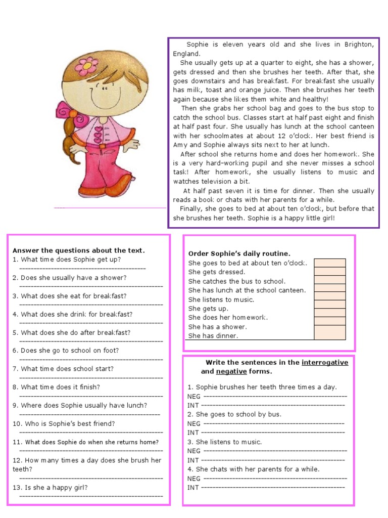 Answer The Questions About The Text. Order Sophie's Daily Routine | PDF ...