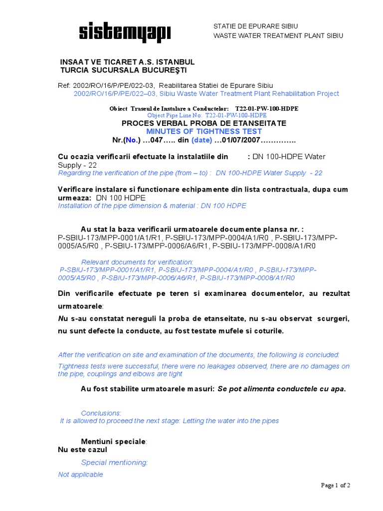 Quality - Test - Form - T22 01 PW 100 HDPE | PDF | Hydraulic ...