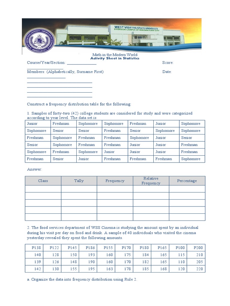 Activity Sheet Frequency Distribution | PDF | Statistical Theory ...