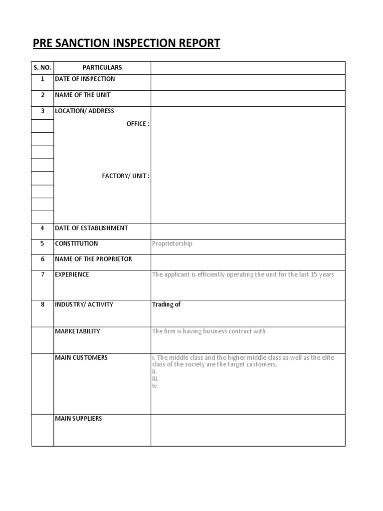 Pre Sanction Inspection Report: 1 Date of Inspection 2 Name of The Unit ...