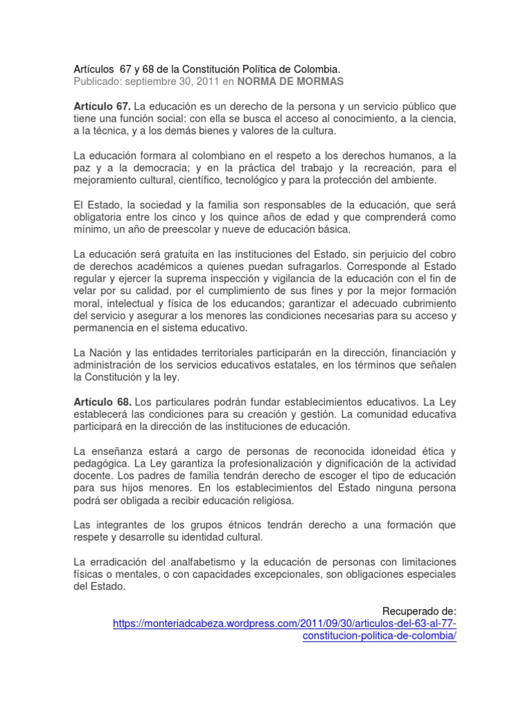 Artículos 67 y 68 de La Constitución PC | PDF | Educación de la primera ...