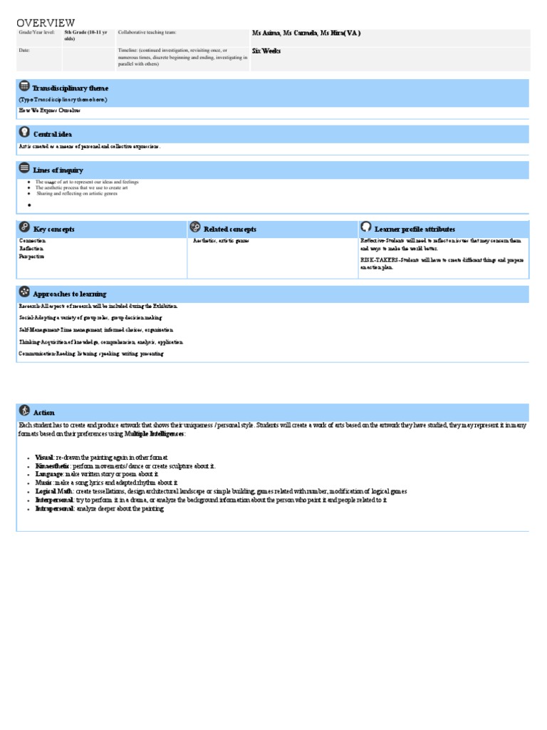 2020-21 PYP 5 UNIT How We Express Ourselves | PDF | Rubric (Academic ...