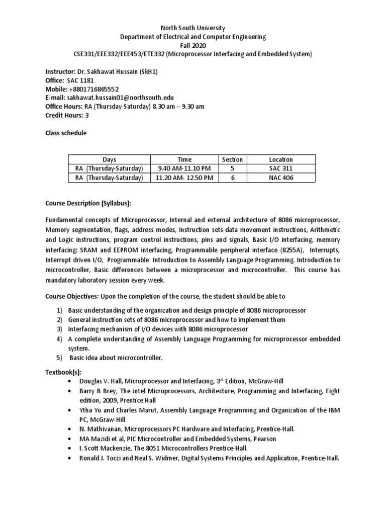 EEE 332 Course Outline Fall 2020 | PDF | Microprocessor | Microcontroller