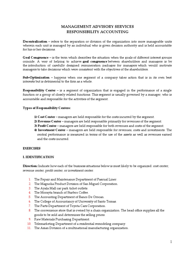 Management Advisory Services Responsibility Accounting | PDF | Cost Of ...