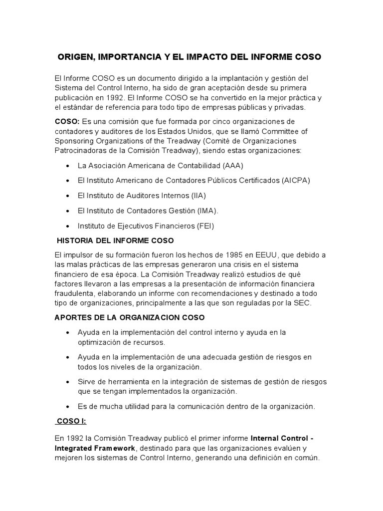 Origen, Importancia y El Impacto Del Informe Coso | PDF | Planificación ...