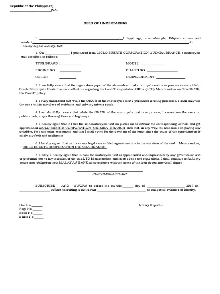 Deed of Undertaking: Customer/Afflant | PDF | Common Law | Justice