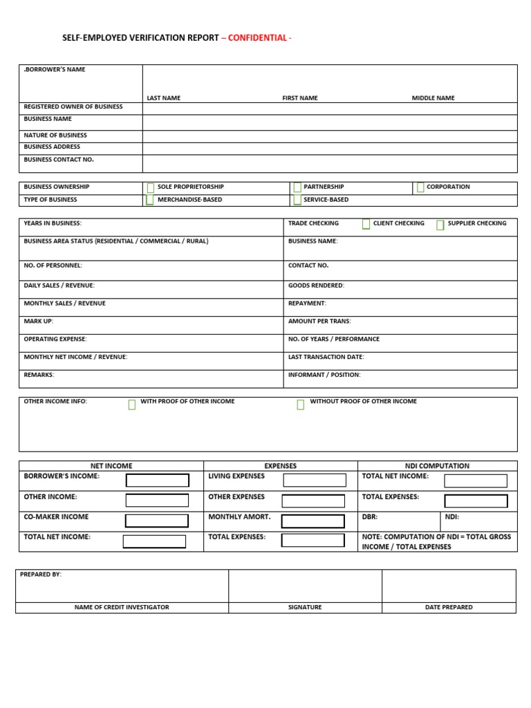 Self-Employment Verification Report: Business Details and Financial ...
