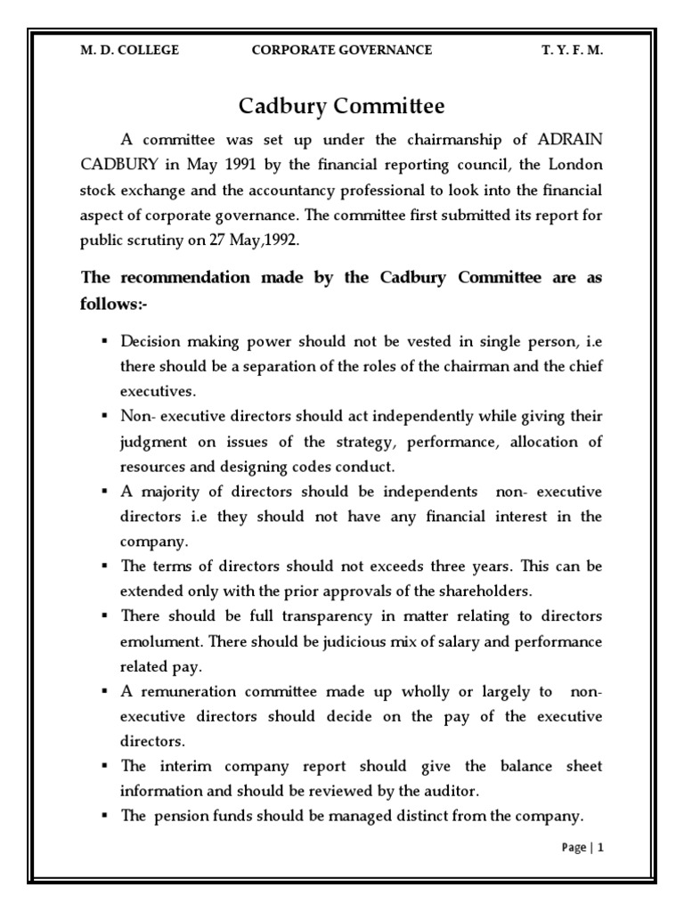 Cadbury Committee on Corporate Governance | PDF | Corporate Governance ...