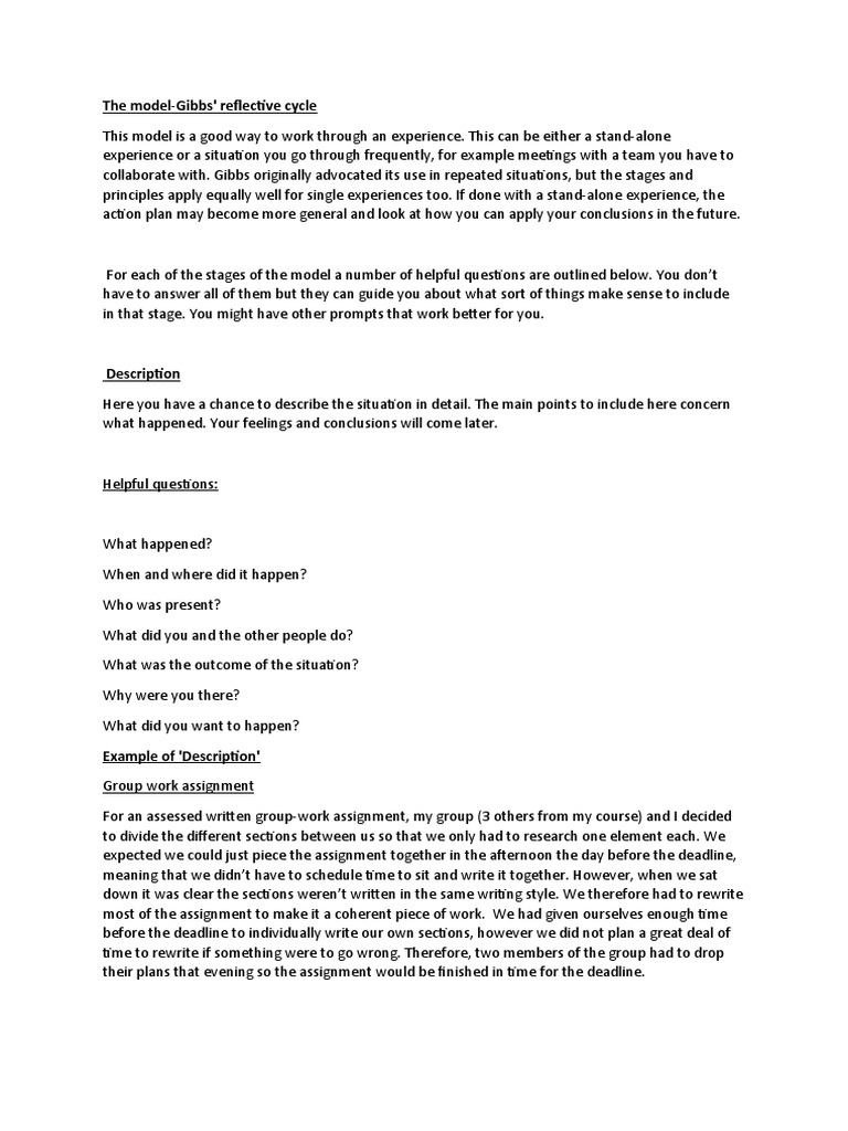 Reflecting on group work using Gibbs' model | PDF | Feeling | Psychology