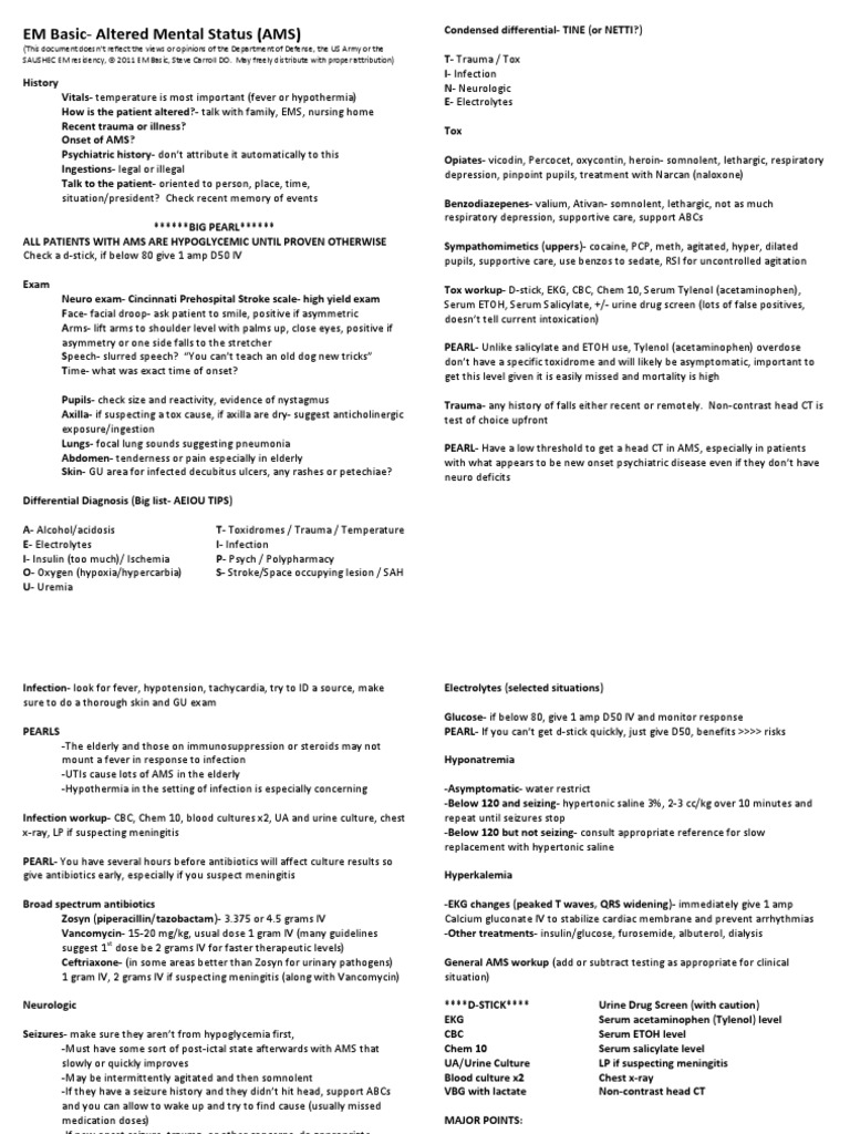 EM Basic-Altered Mental Status (AMS) | Download Free PDF | Meningitis ...