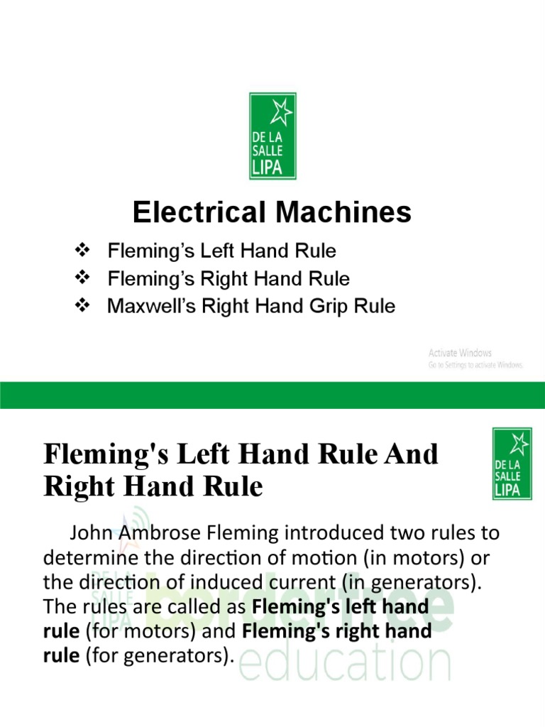 Electrical Machines: Fleming's Left Hand Rule Fleming's Right Hand Rule ...