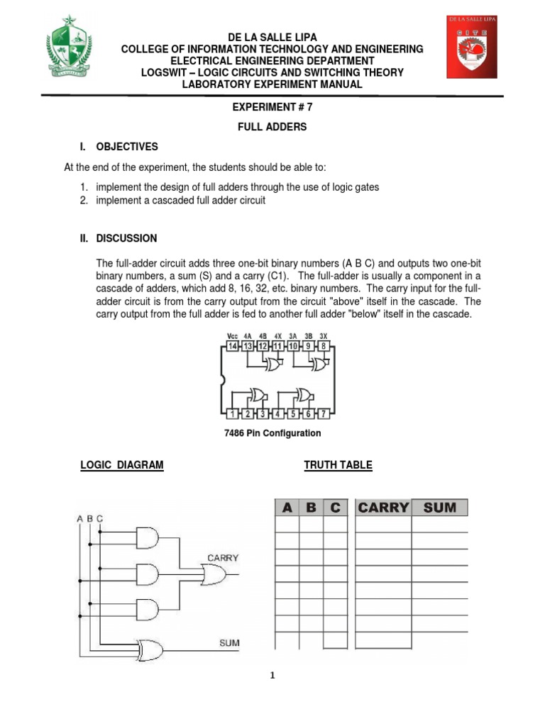 Experiment - 7 - Full Adders PDF | PDF | Electronic Circuits | Digital Electronics