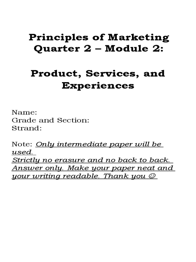 Principles of Marketing Quarter 2 - Module 2: Product, Services, and ...