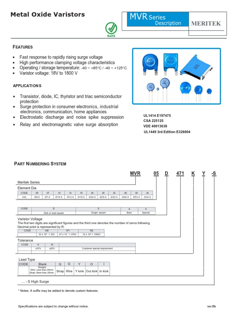 Varistors Data Sheet | PDF | Capacitor | Electrical Components