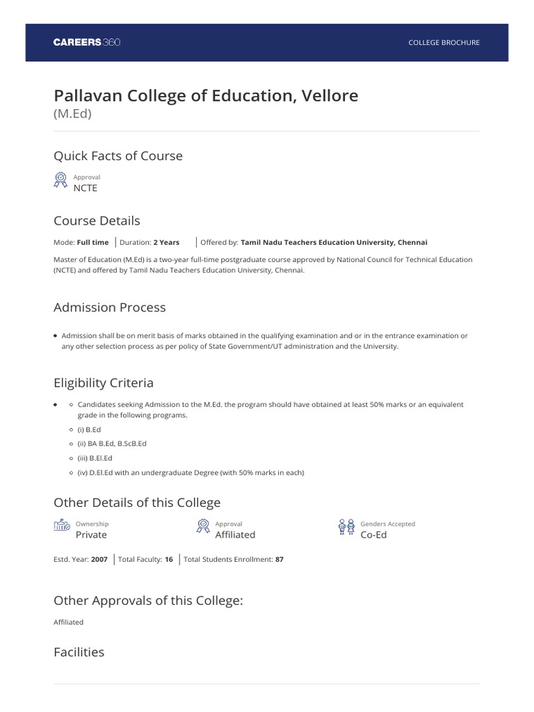 Pallavan College of Education, Vellore: Quick Facts of Course | PDF ...