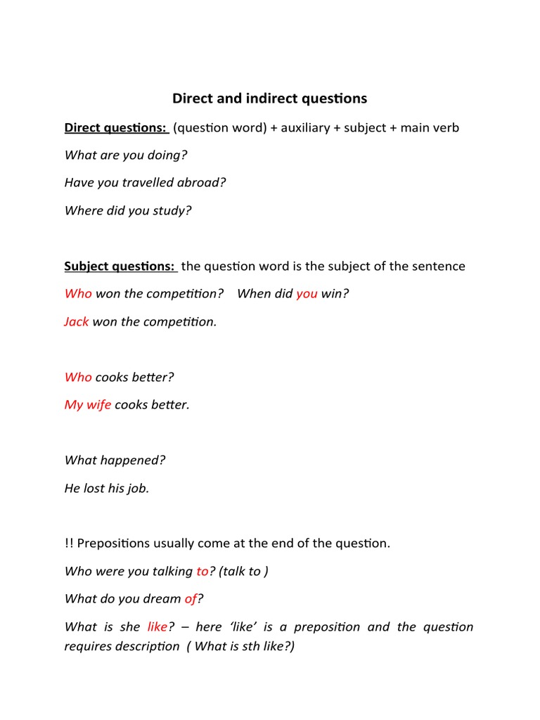 Direct and Indirect Questions: Direct Questions: (Question Word ...