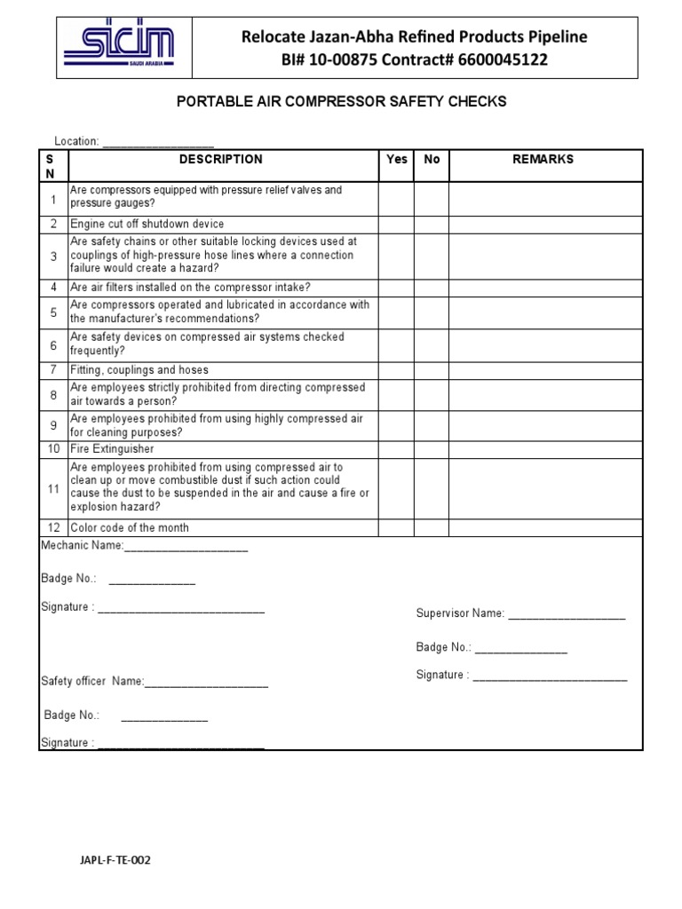 JAPL-F-TE-002-Air Compressor Checklist | PDF