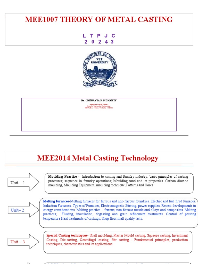 Mee1007 Theory of Metal Casting: L T P J C 2 0 2 4 3 | PDF | Casting (Metalworking) | Foundry