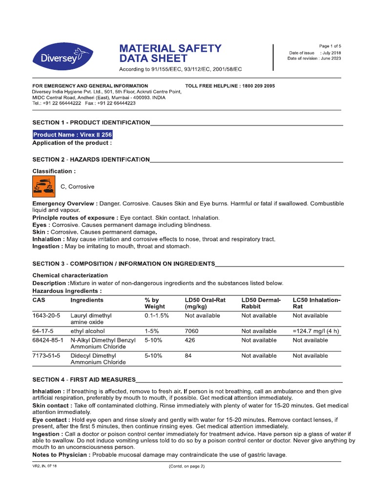 Diversey MSDS - Virex Ii 256 PDF | PDF