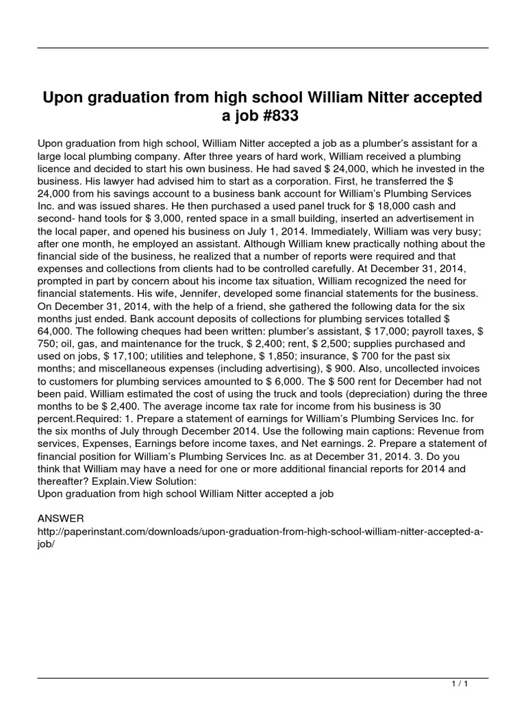 Upon Graduation From High School William Nitter Accepted A Job PDF ...