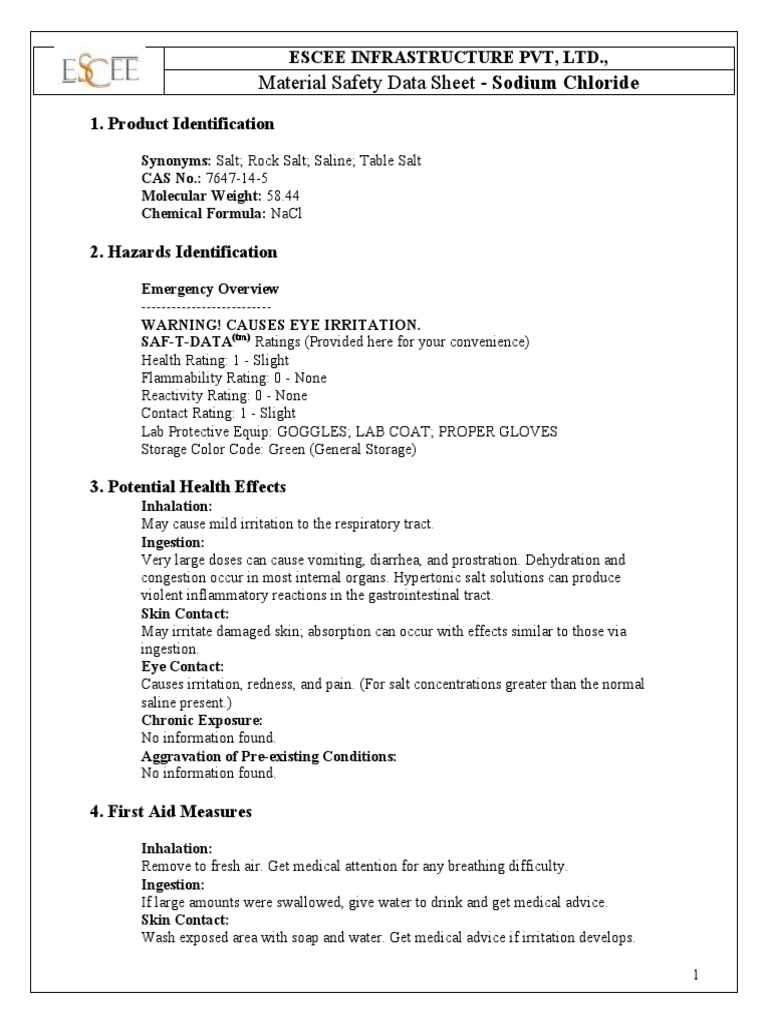 Material Safety Data Sheet - Sodium Chloride: Escee Infrastructure PVT ...