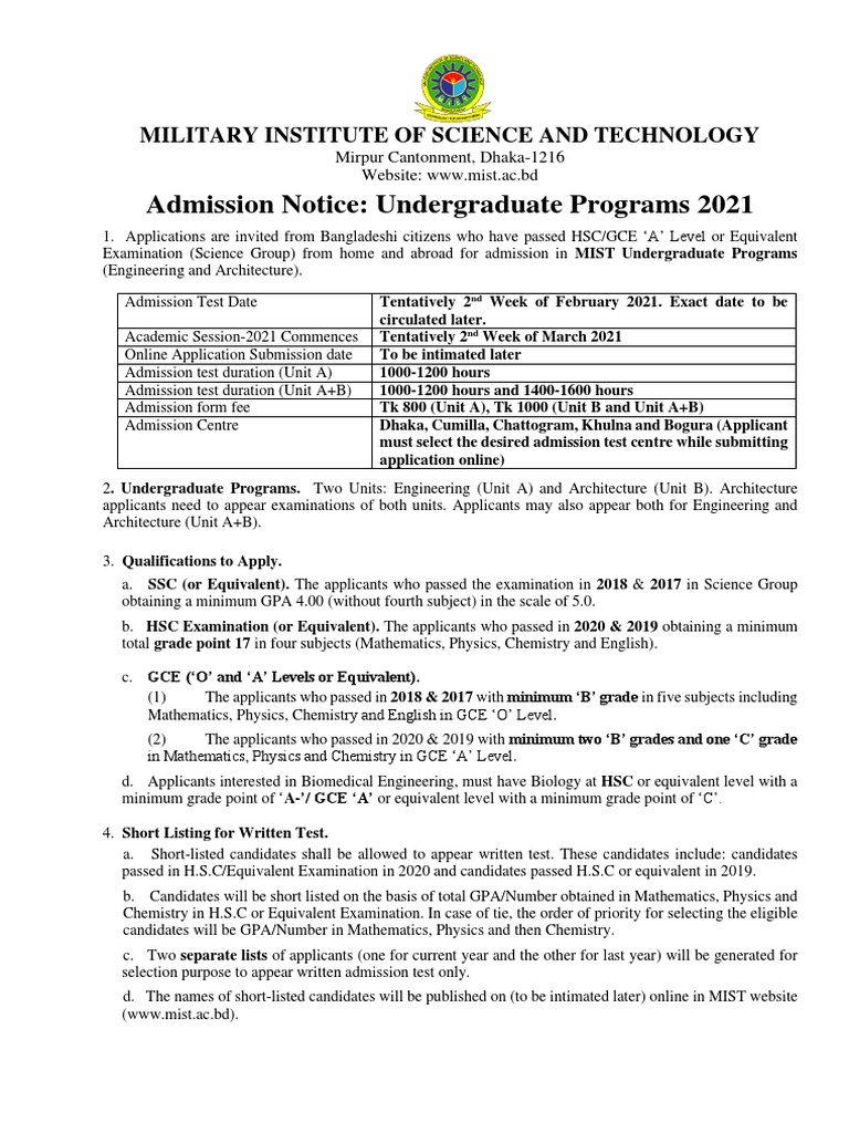MIST Admission Circular 2021 | PDF | University And College Admission ...