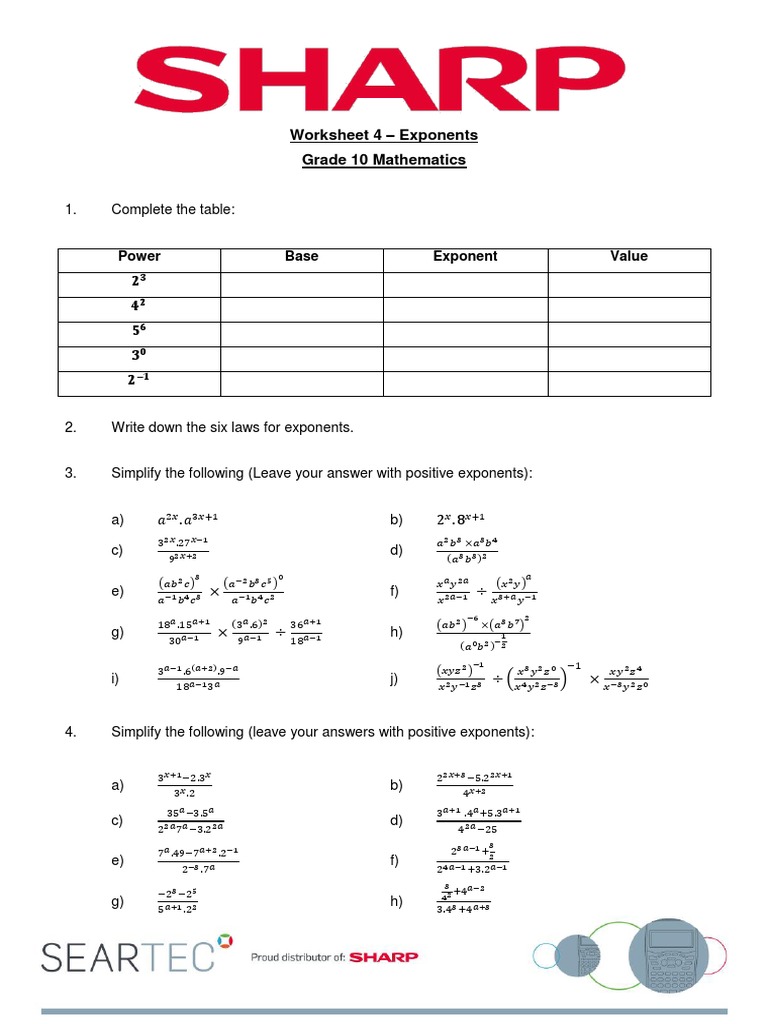 Worksheet 4 - Exponents Grade 10 Mathematics: Power Base Exponent Value ...