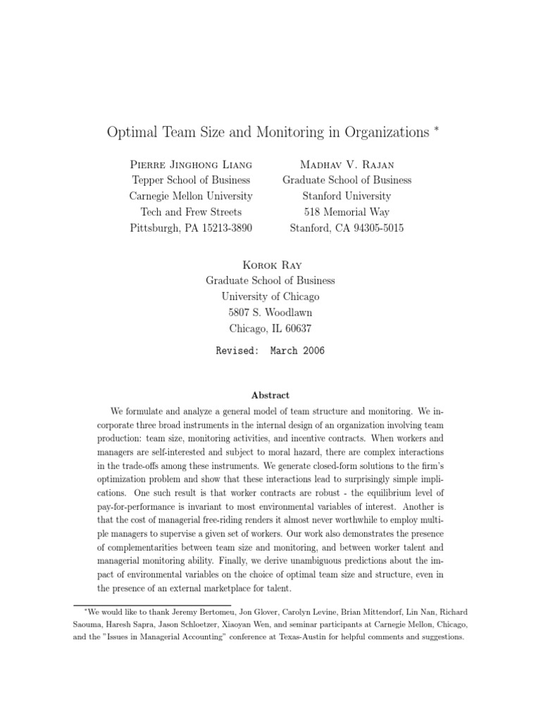 Optimal Team Size and Monitoring in Organizations | PDF | Incentive ...