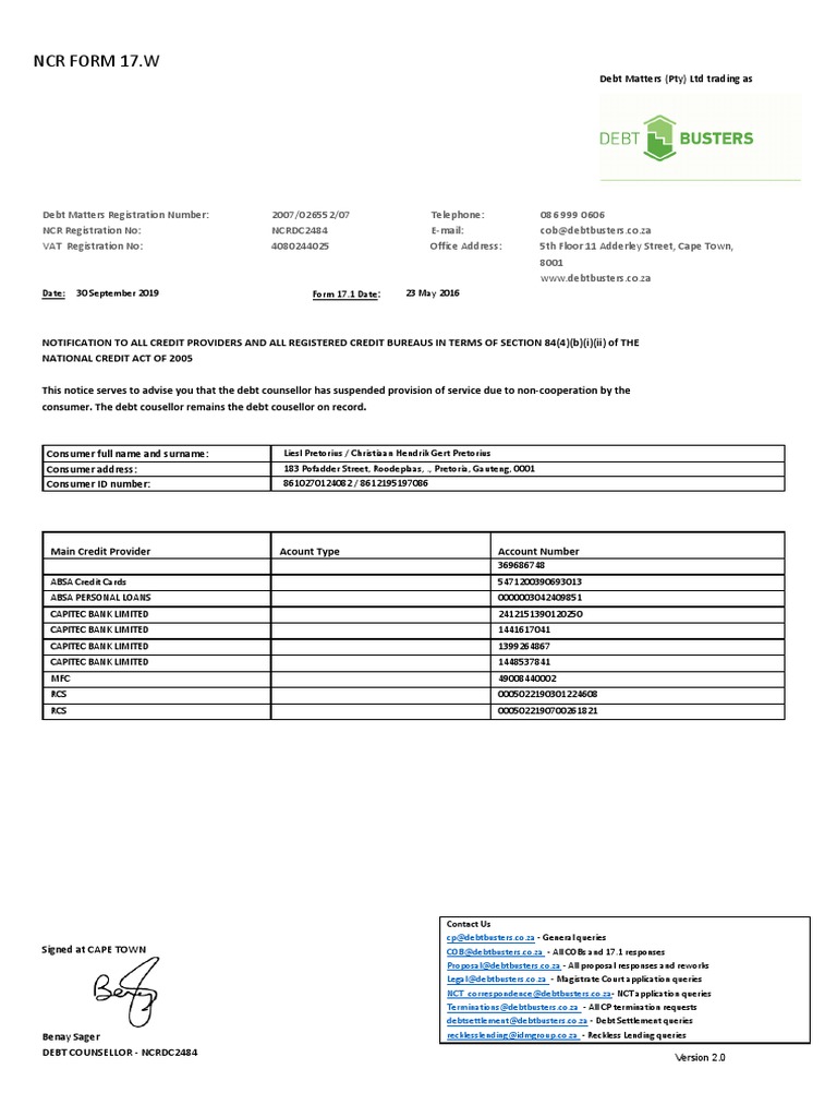 NCR Form 17.W: Debt Matters (Pty) LTD Trading As | PDF | Liability ...