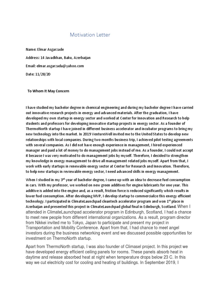 Motivation Letter | PDF | Startup Company | Small Business & Entrepreneurs