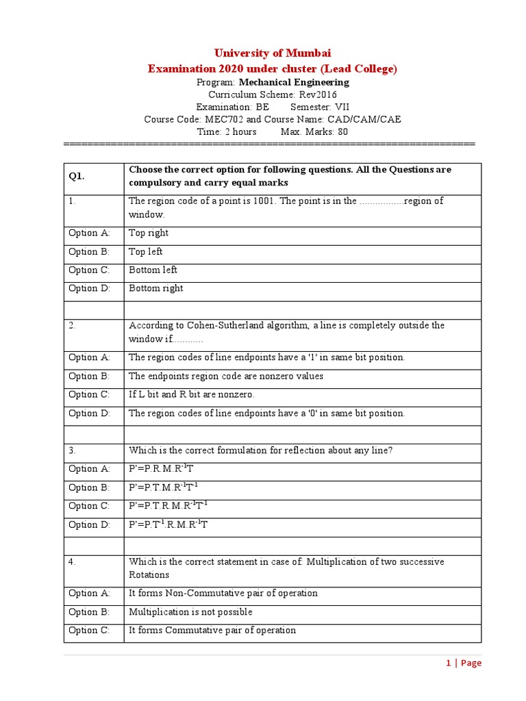 CAD-CAM-CAE - Sample Paper Format - Objective and Subjective - QP | PDF ...