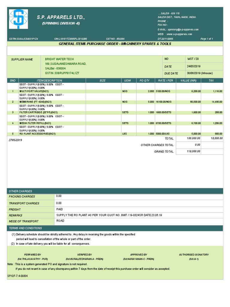 S.P. Apparels LTD.,: General Items Purchase Order - Machinery Spares ...
