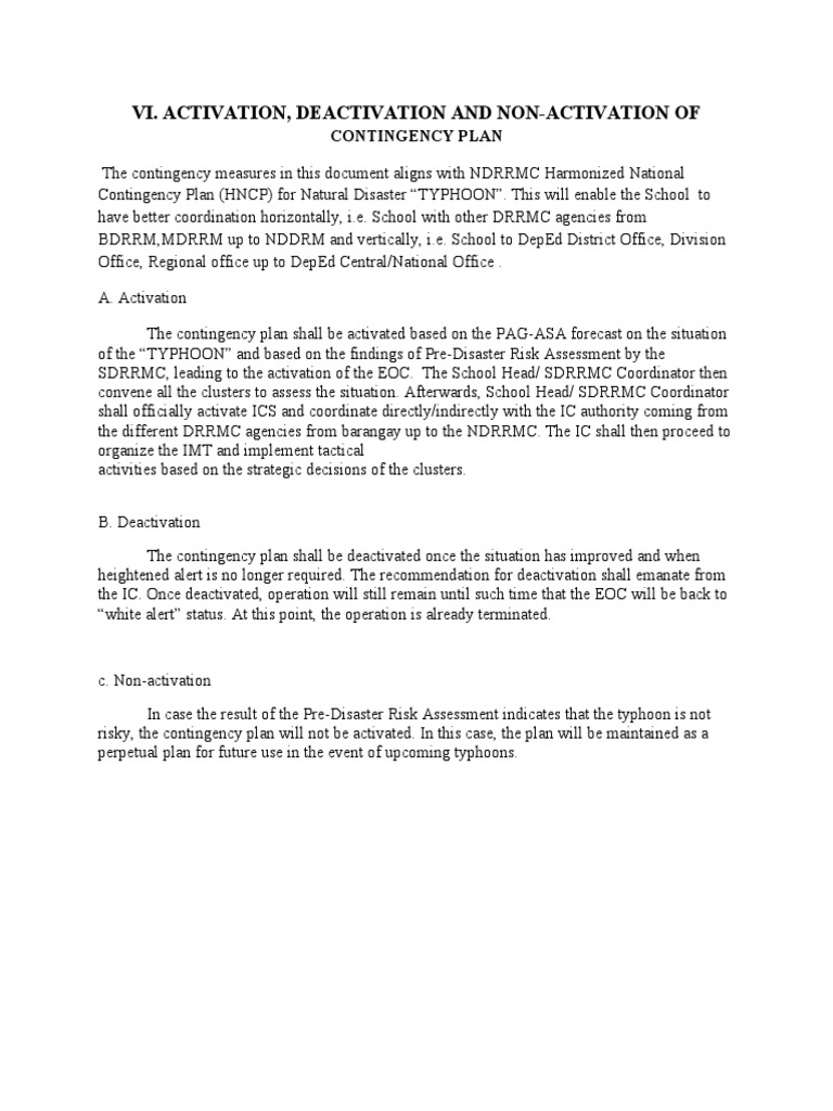 Vi. Activation, Deactivation and Non-Activation Of: Contingency Plan ...
