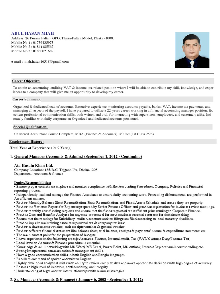 Abul Hasan Miah: Career Objective | PDF | Internal Control | Audit