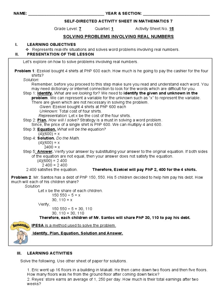 Activity Sheet Solving Problems On Real Numbers-1 | PDF | Equations ...