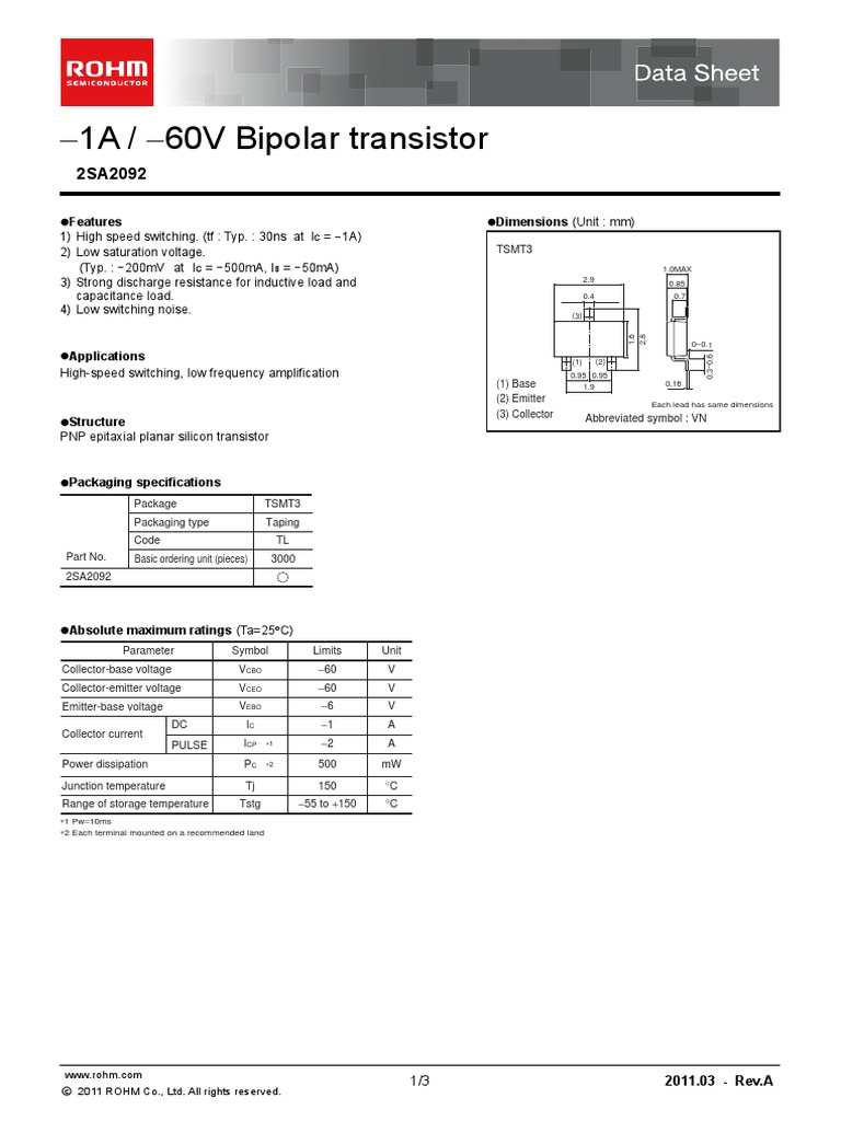 1A / 60V Bipolar Transistor: Features Dimensions (Unit: MM) | PDF ...