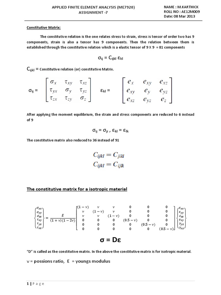 The Constitutive Matrix For A Isotropic Material | PDF | Constitutive ...