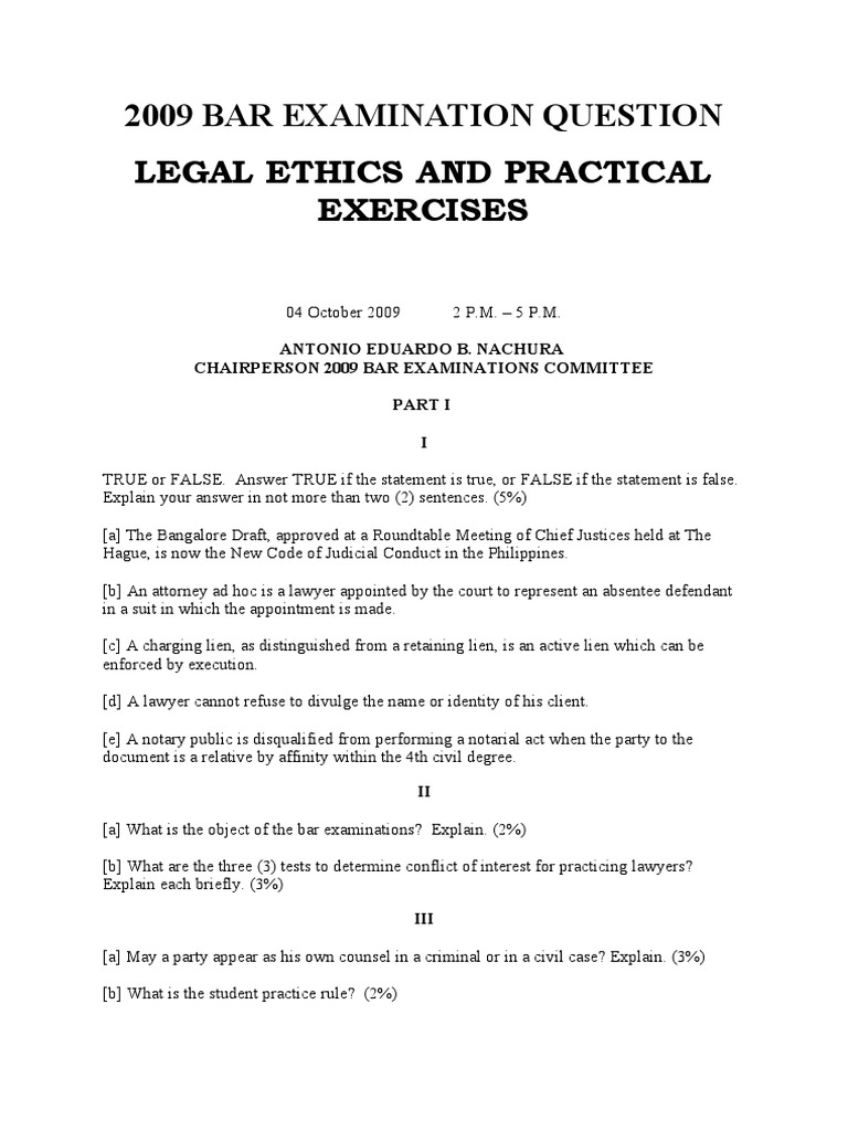 2009 Bar Exam Legal Ethics | PDF | Practice Of Law | Lawyer